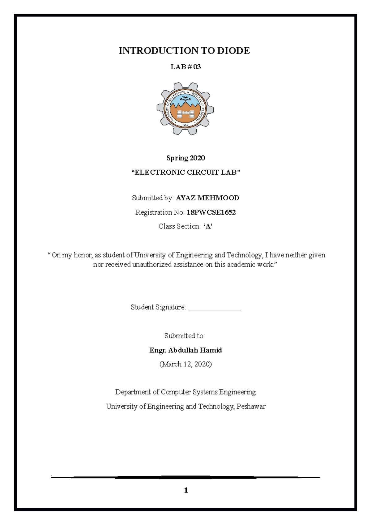 Lab5 - Lab report - Half Wave and Full Wave Rectification LAB # 05 Spring 2020 CSE-206 ...