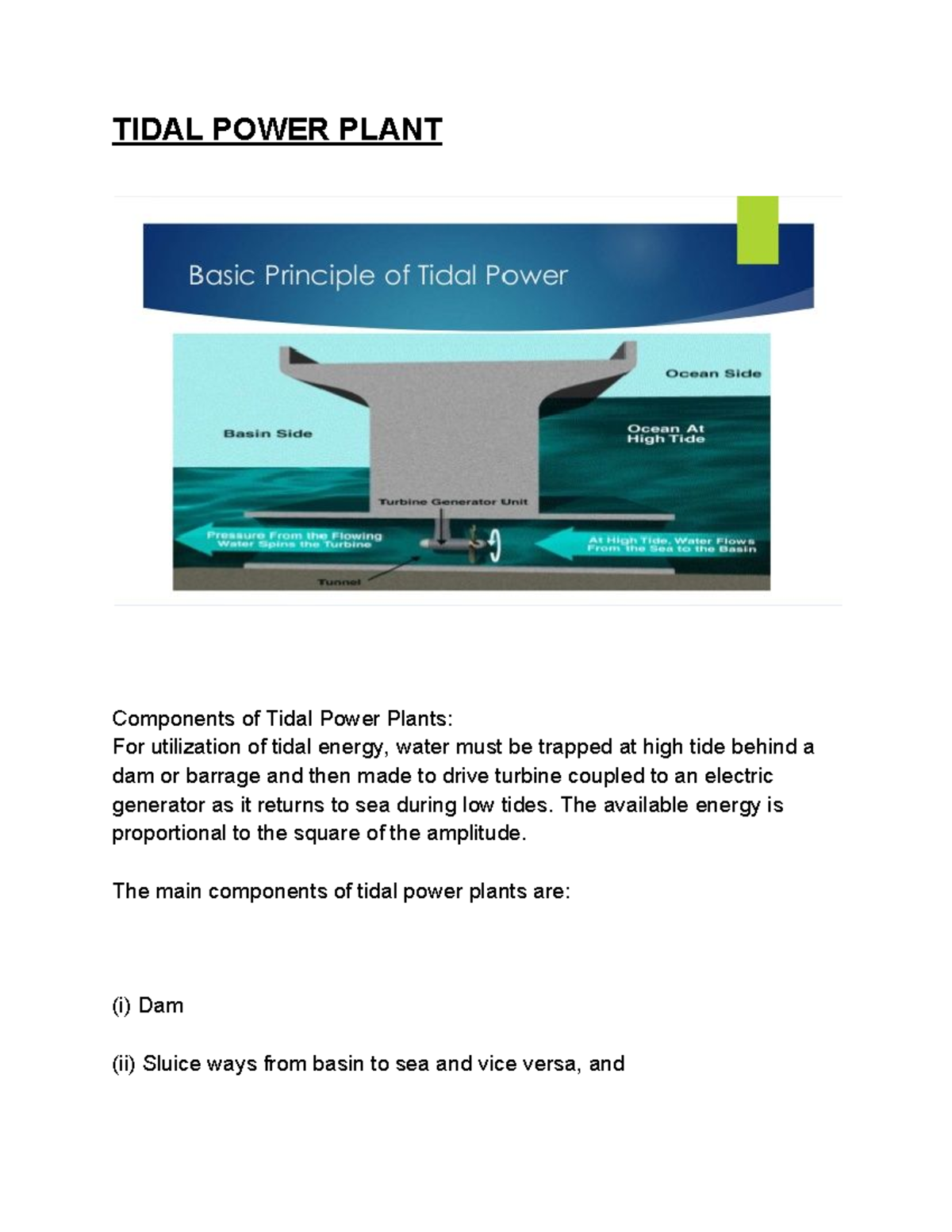 Tidal Power Plant Components and Classifications Explained - Studocu