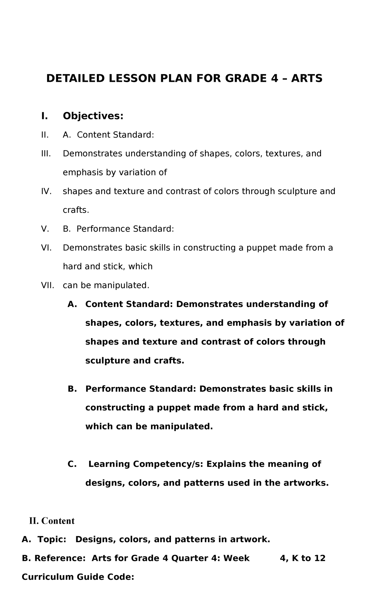 DETAILED LESSON PLAN FOR GRADE 4 ARTS: DESIGN, COLOR & PATTERN - Studocu
