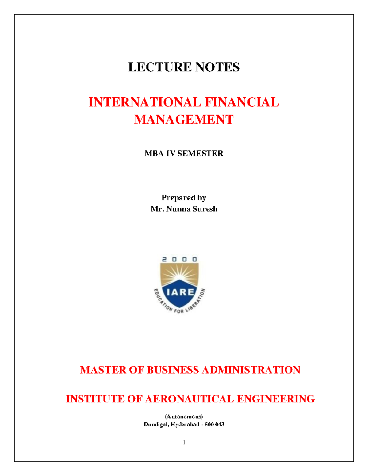 MBA IV Semester International Financial Management Lecture Notes PDF ...