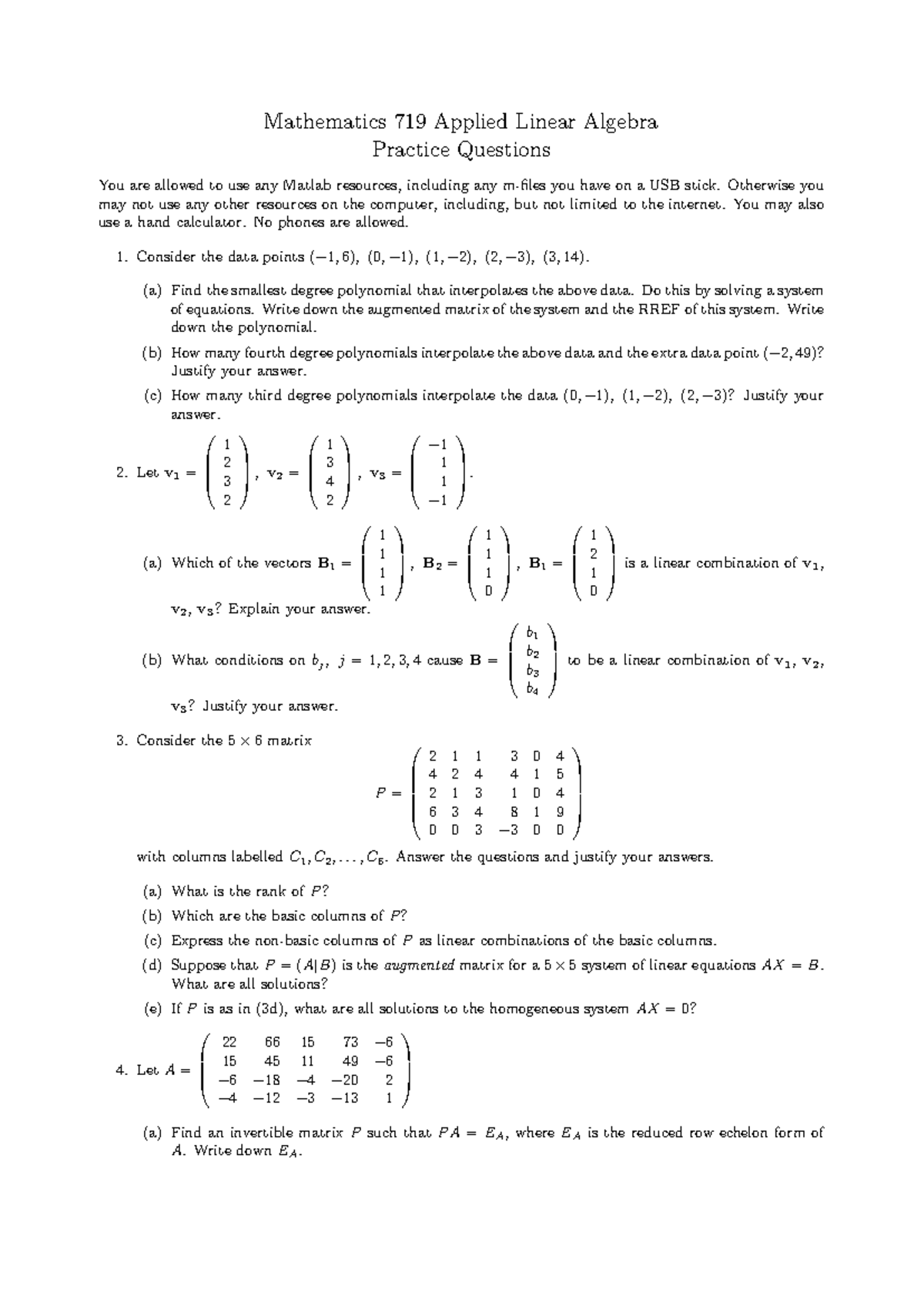 MTH719 Applied Linear Algebra Practice Questions and Guidelines - Studocu