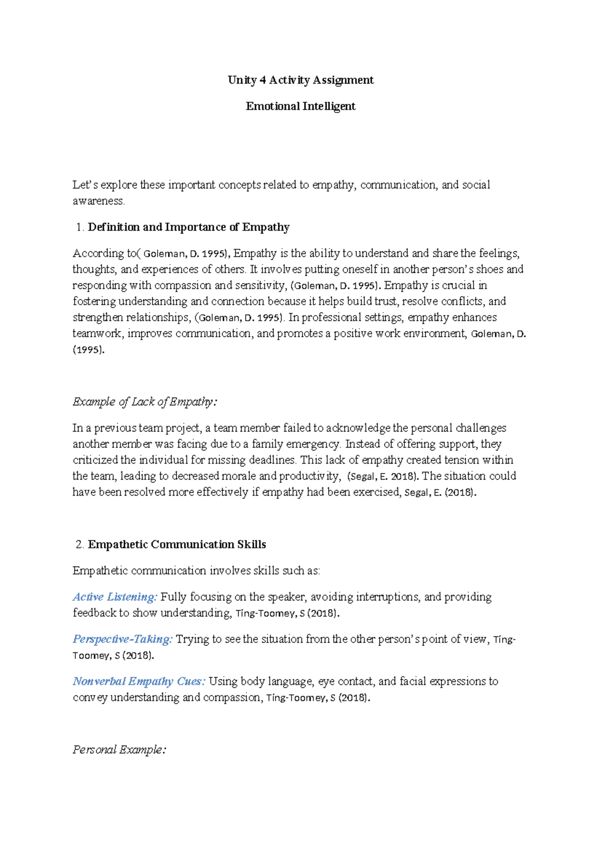 Unity 4 Activity Assignment: Exploring Emotional Intelligence Concepts ...