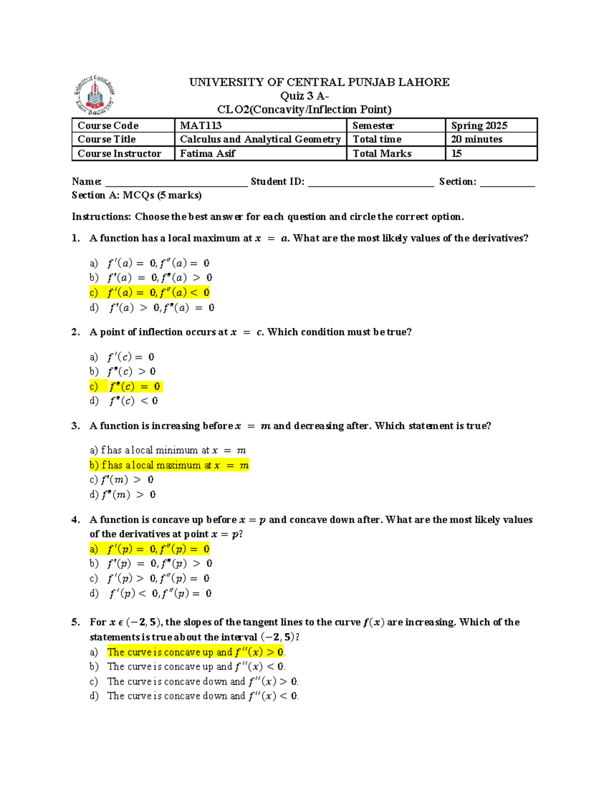 MAT113 Calculus & Analytical Geometry Quiz 3 Solutions - Spring 2025 - Studocu