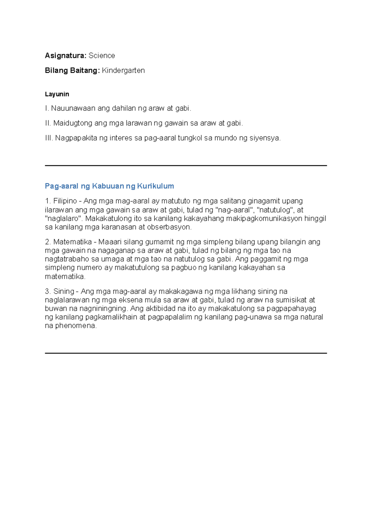 Lesson Plan: Science for Kindergarten (11) - Araw at Gabi - Studocu