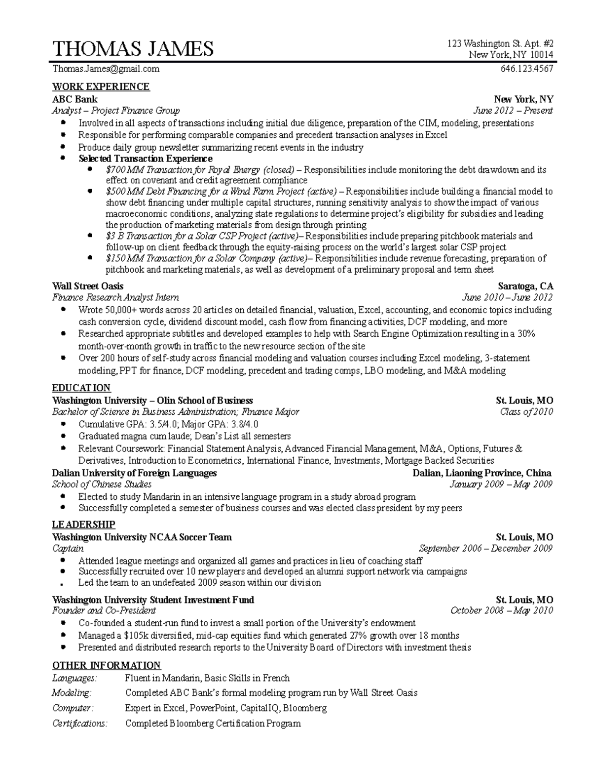 WSO Experienced Deals Resume Template-Transaction-Exp2 0 - THOMAS JAMES ...