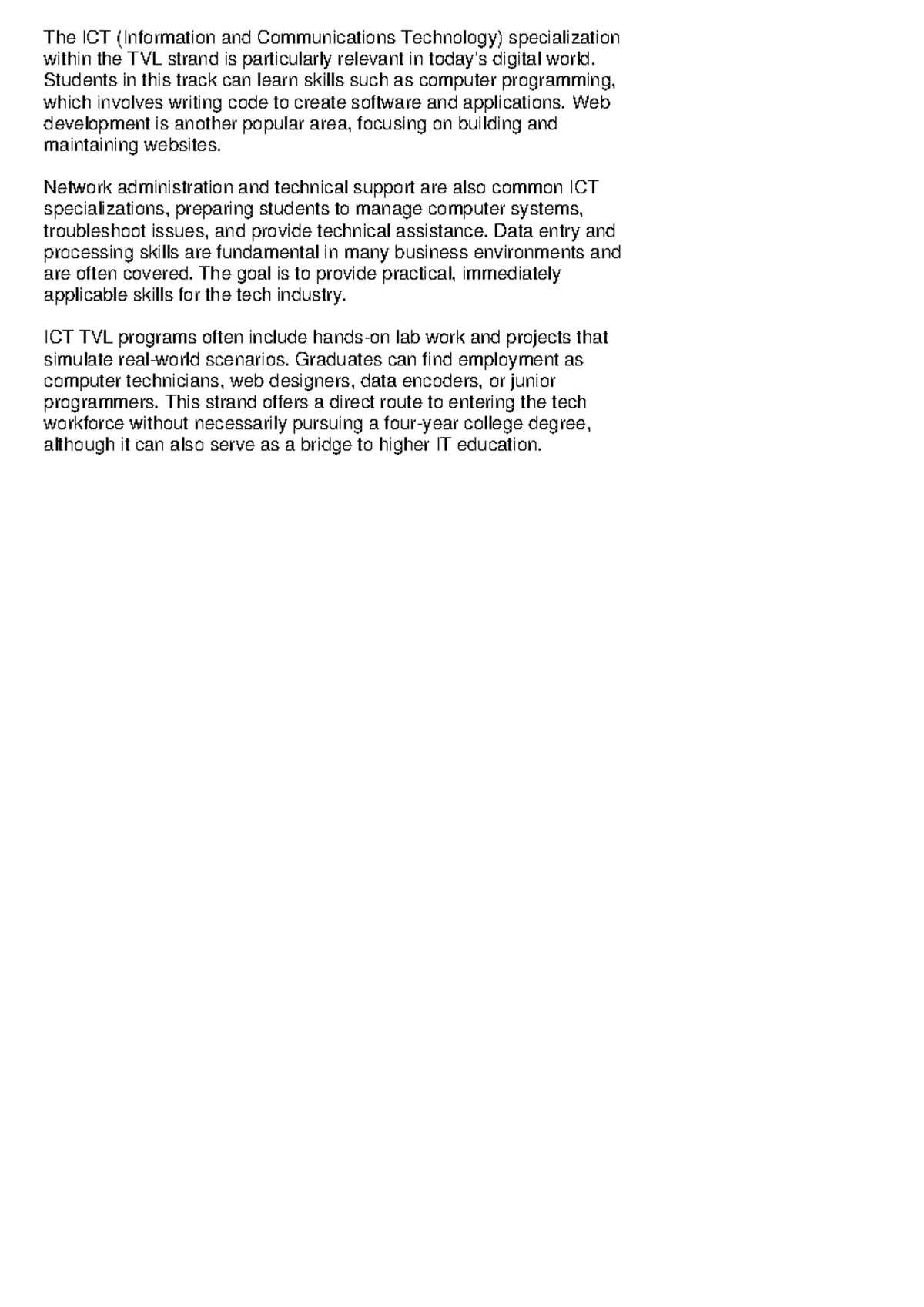 ICT Specialization in TVL Strand: Skills for the Digital World - Studocu