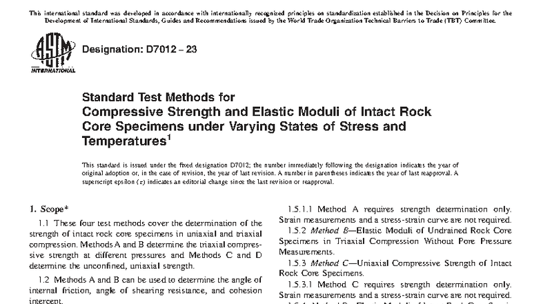 D7012-23 Standard Test Methods for Compressive Strength of Rock - Studocu