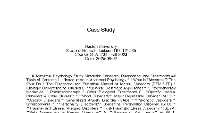 Case Study: Abnormal Psychology Overview for STAT201 Fall 2023 - Studocu