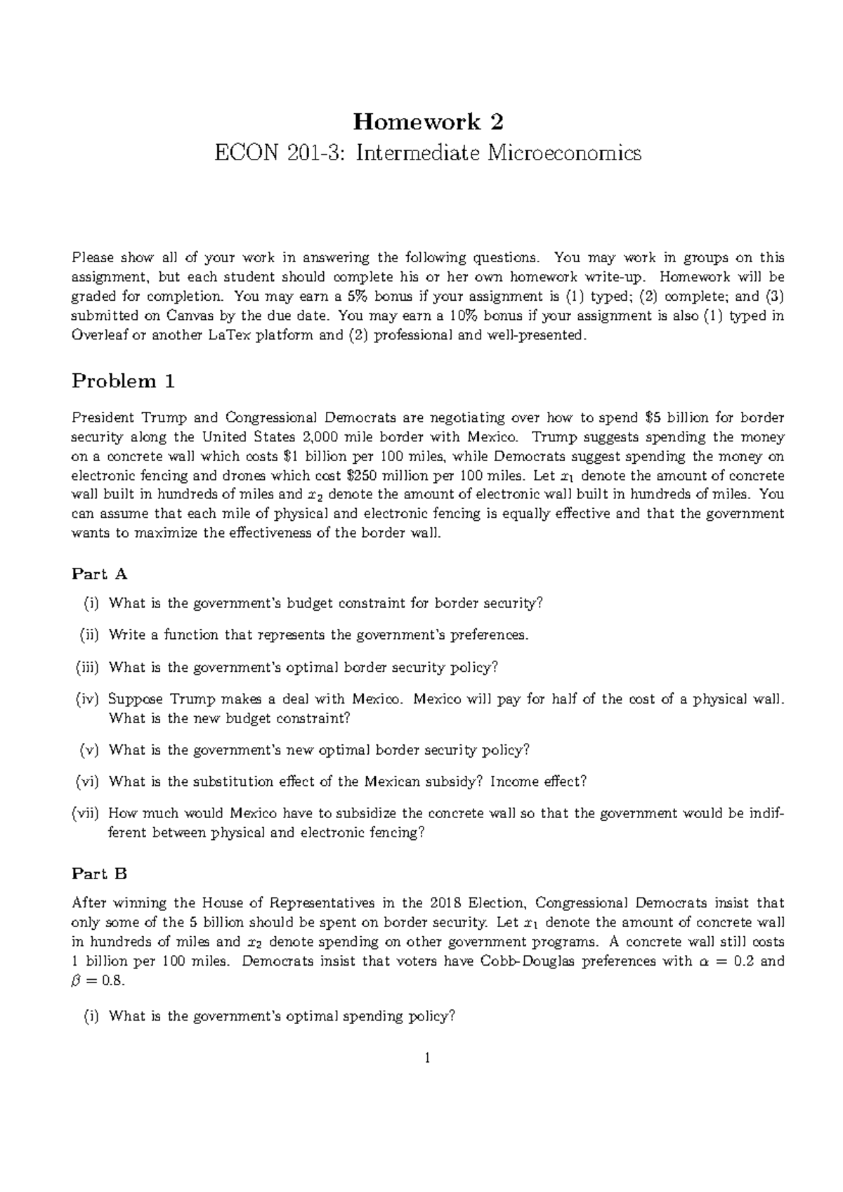 HW2 - ECON 201-3 Intermediate Microeconomics Homework 2 Analysis - Studocu
