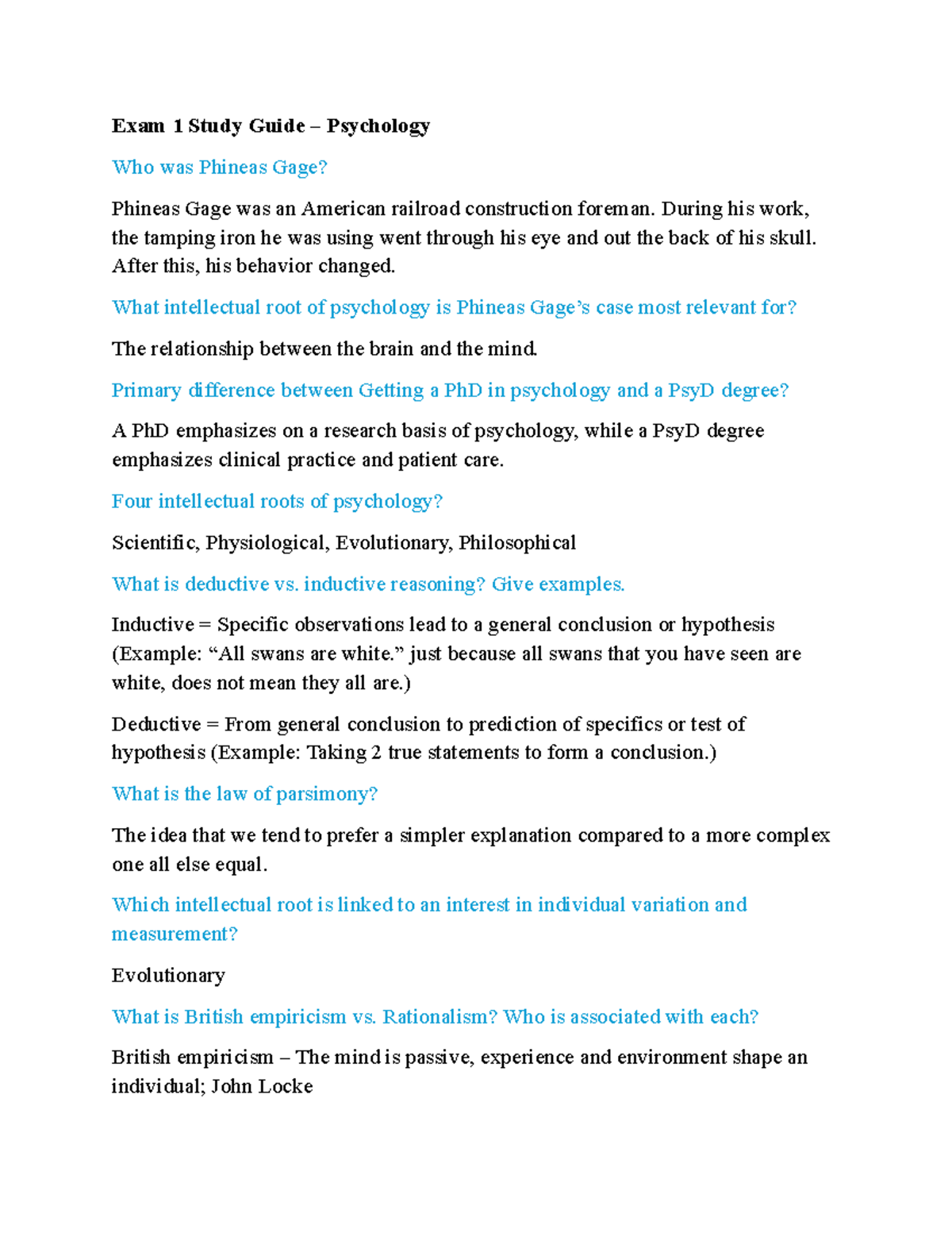 Final Exam Study Guide – PSY 101: Key Concepts & Theories - Studocu