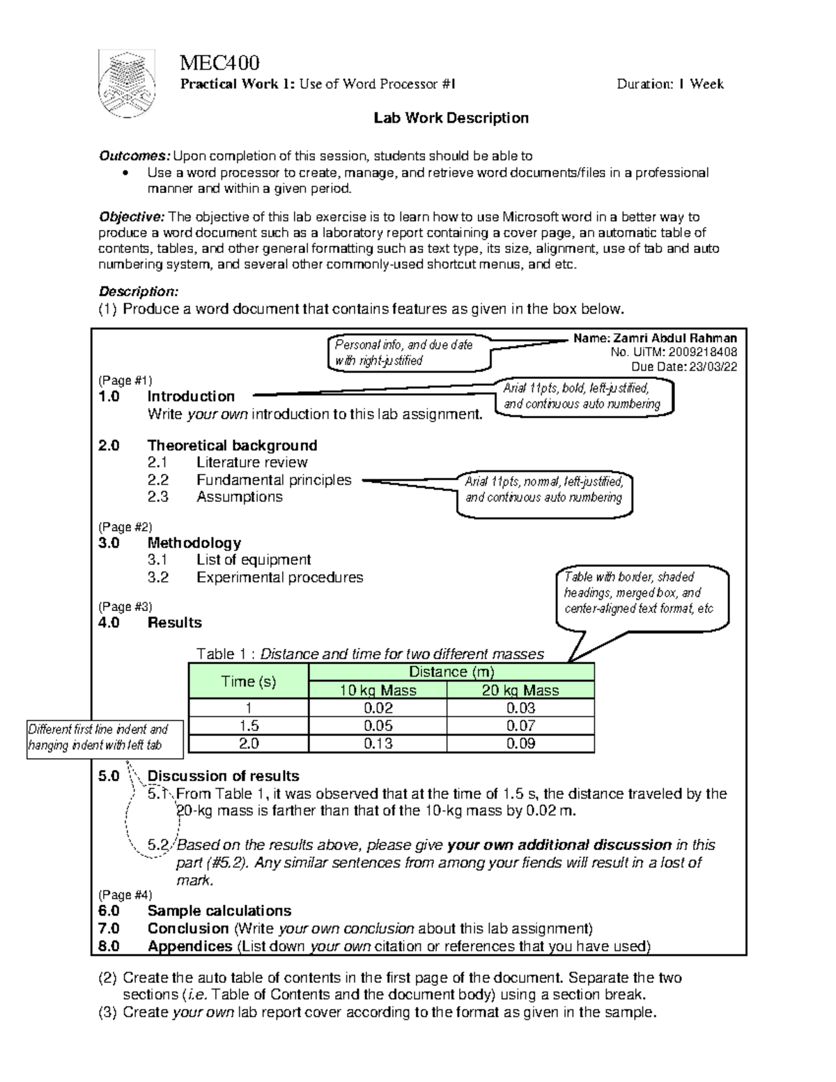 MEC400 Lab Work 1: Mastering Microsoft Word for Reports - Studocu