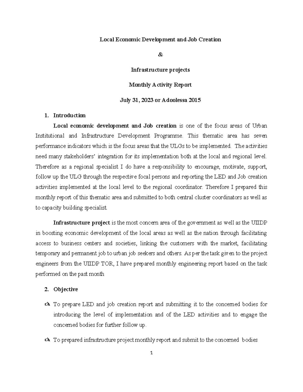 LED & Job Creation Monthly Report - July 31, 2023 (Adoolessa 2015 ...