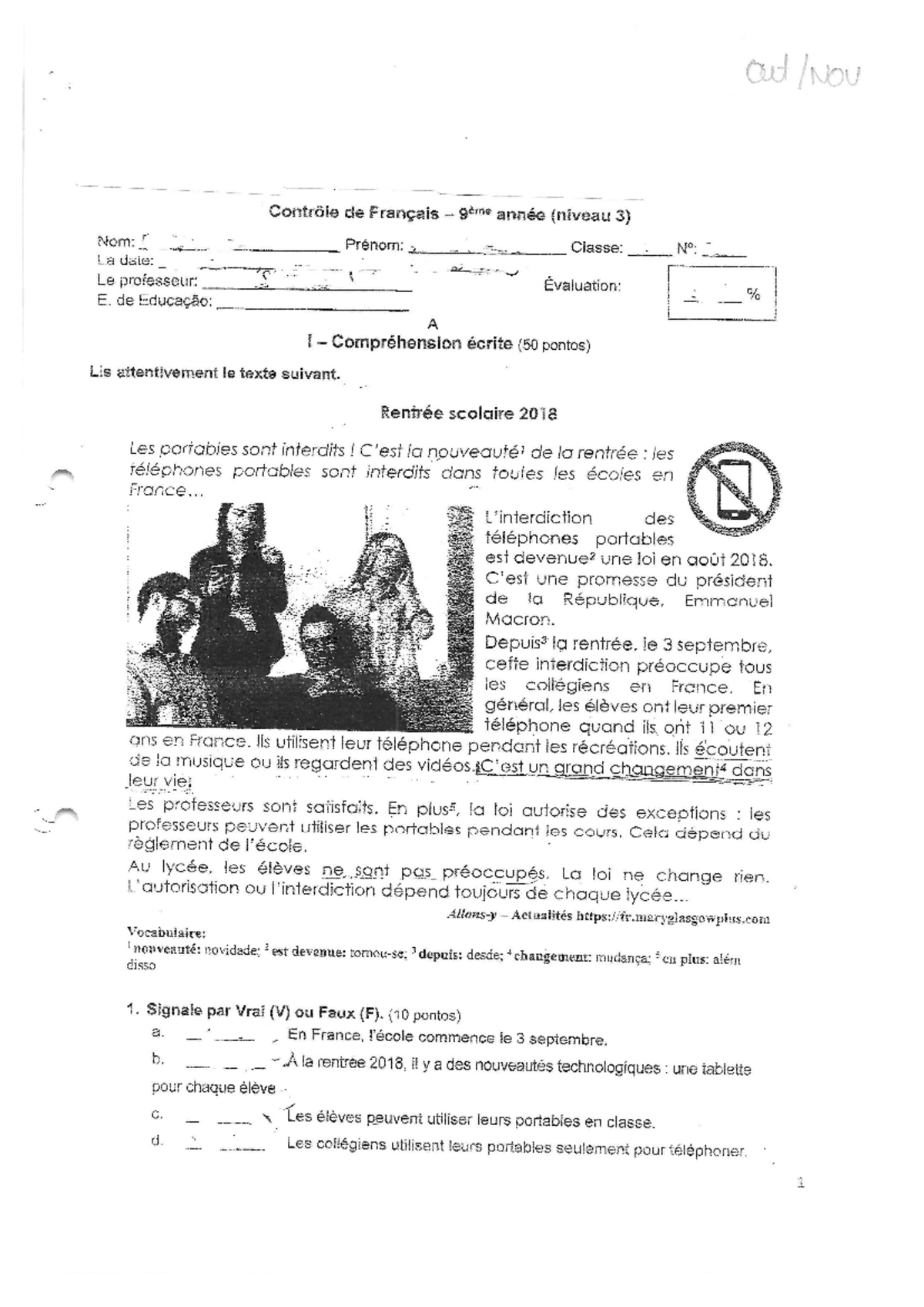 Teste de Francês - 9º Ano - Revisão para Novembro - Studocu