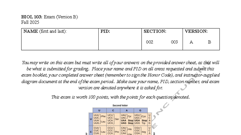 BIOL 103: Exam 1 Practice (Version B) Fall 2025 - Studocu