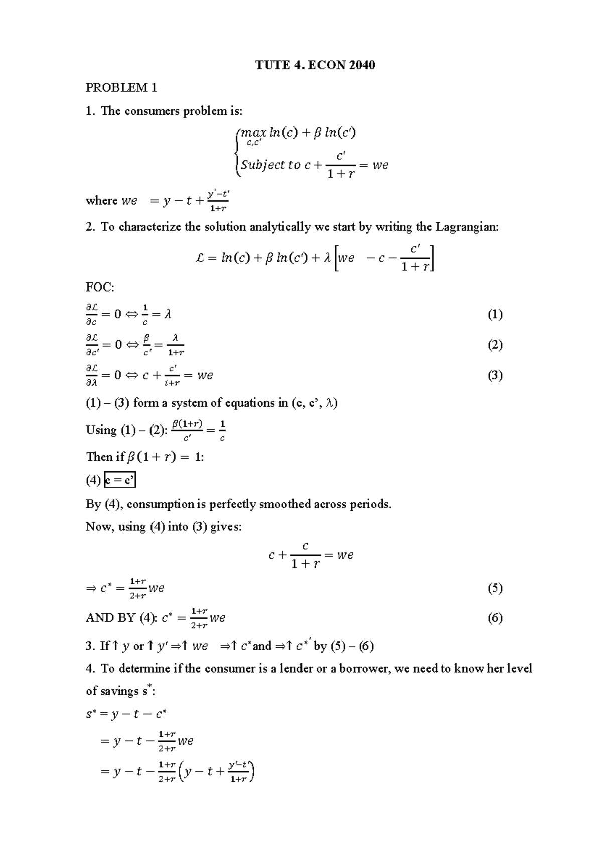 Tutorial 4 Solutions for ECON 2040: Consumer's Problem Analysis - Studocu
