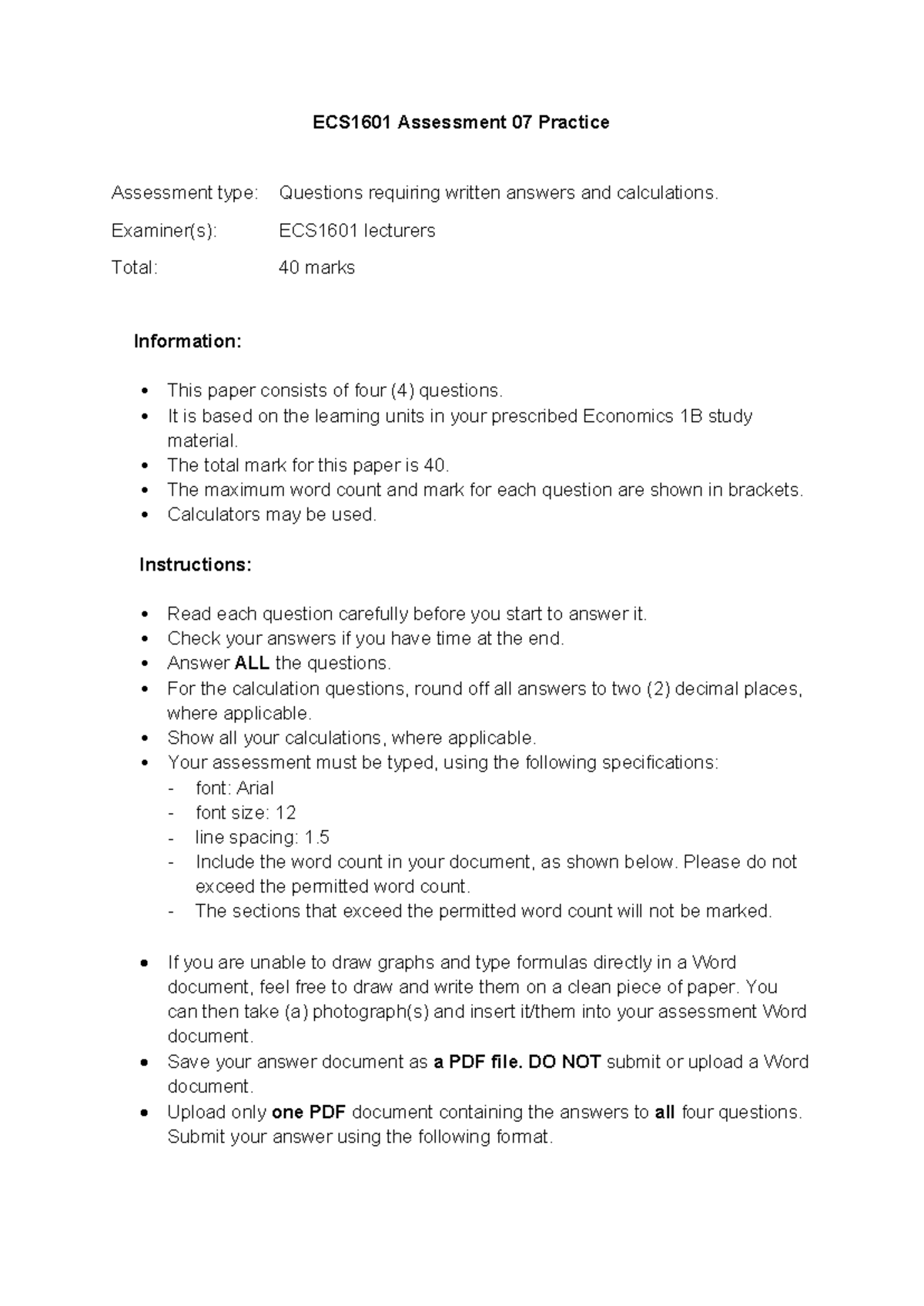 ECS1601 Assessment 07 Practice Questions for Economics 1B - Studocu