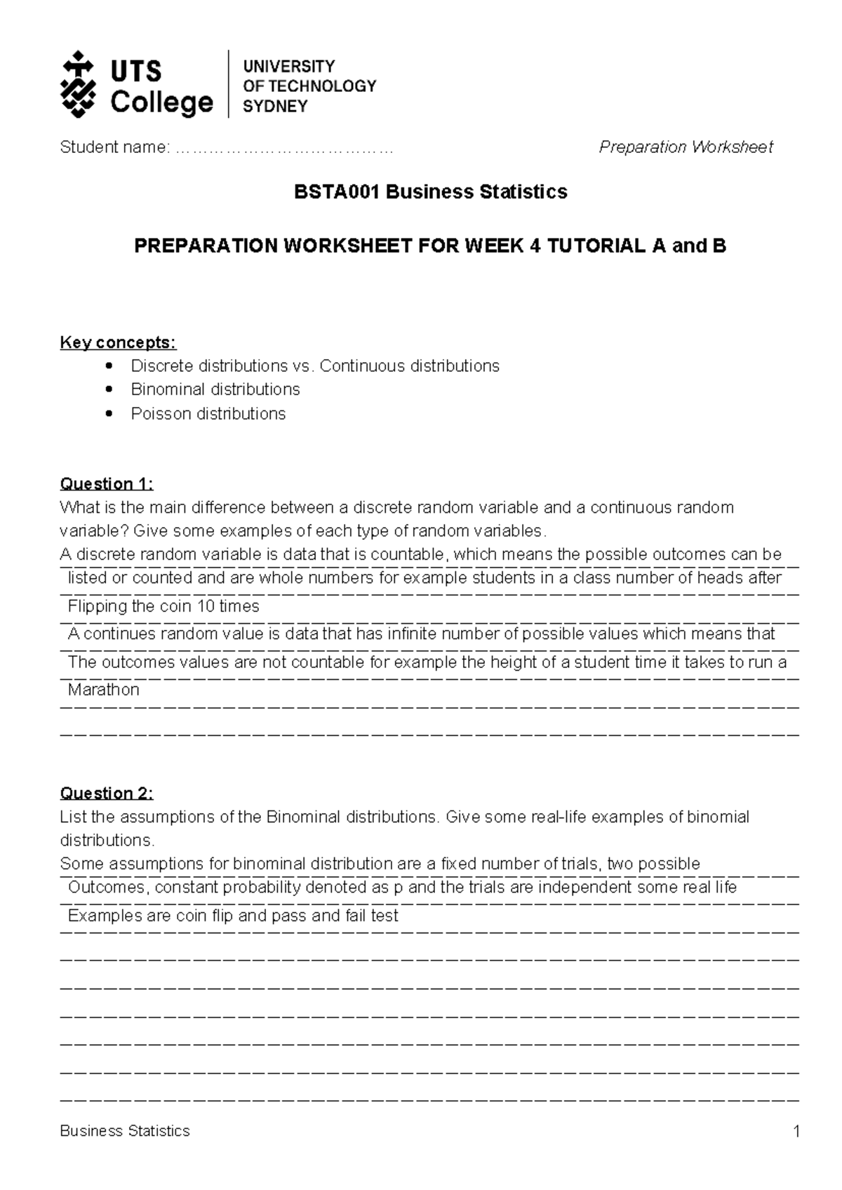 Preparation Worksheet for BSTA001 Business Statistics Week 4 Tutorials ...