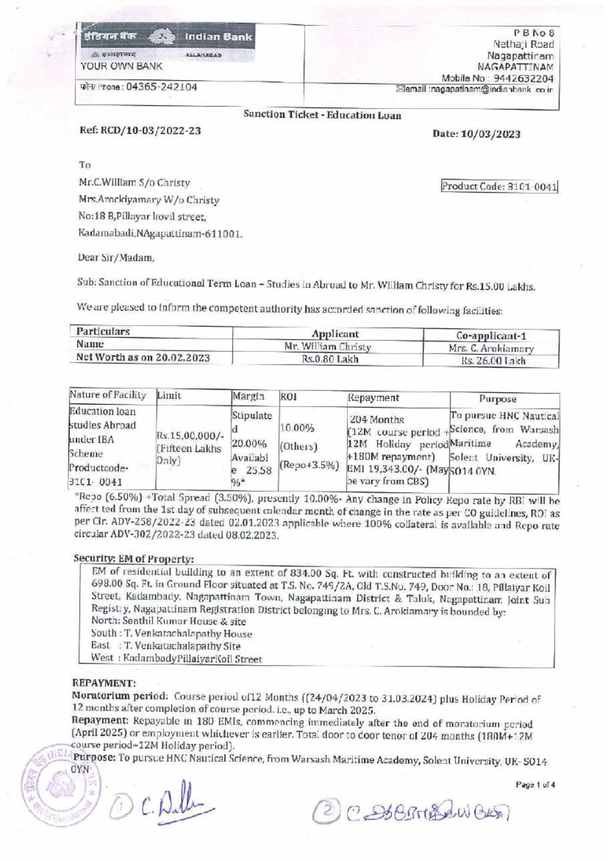 OSBI Education Loan Sanction Letter for HND in Nautical Science - Studocu