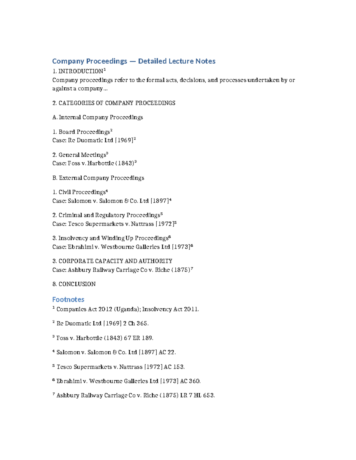 Company Proceedings Lecture Notes with Footnotes - Studocu
