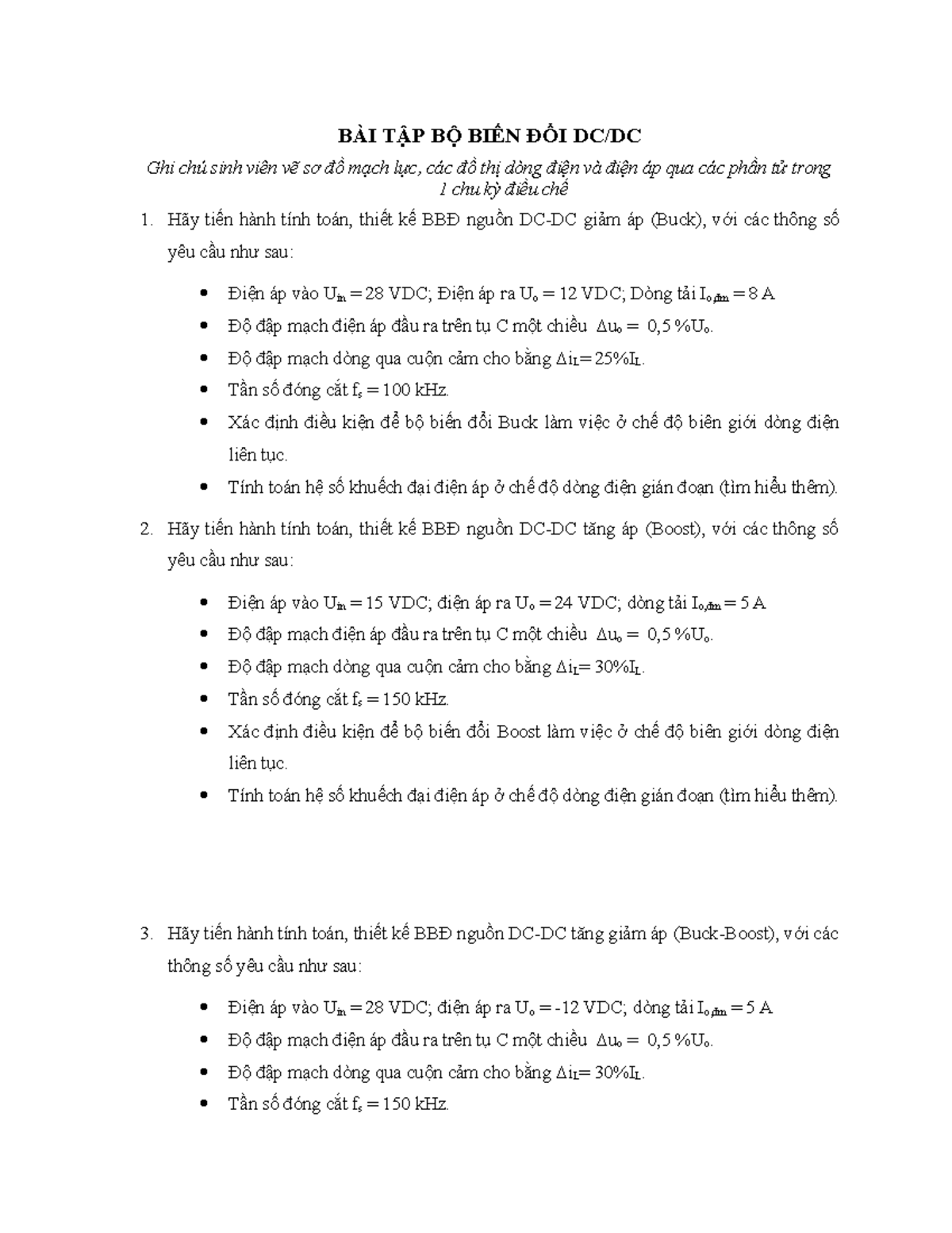 BÀI TẬP BỘ BIẾN ĐỔI DC-DC 2025: Thiết Kế Buck & Boost - Studocu