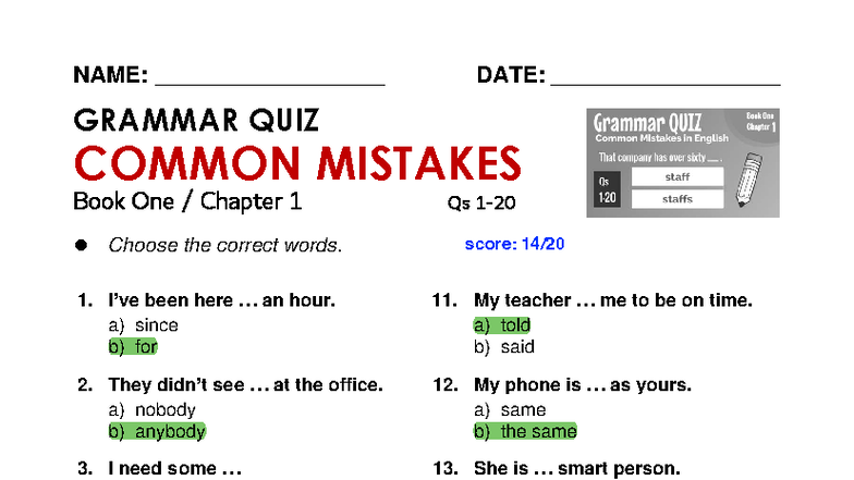 Common Mistakes Quiz - ESL Grammar Quiz (GRAMMAR 101) - Studocu