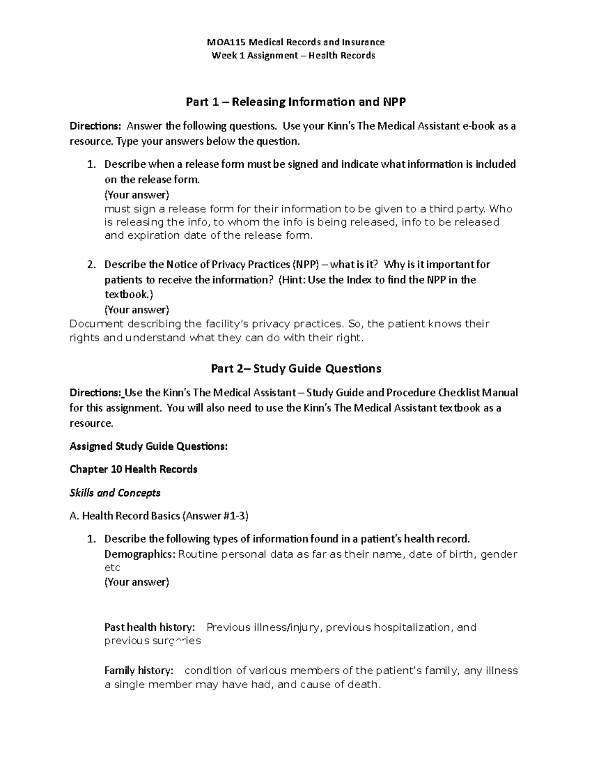 Wk1Assignment 2223 - Health Records Overview and Study Guide - Studocu
