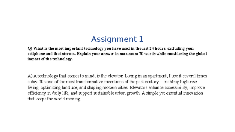 Assignment 1: The Global Impact of Elevators in Daily Life - Studocu