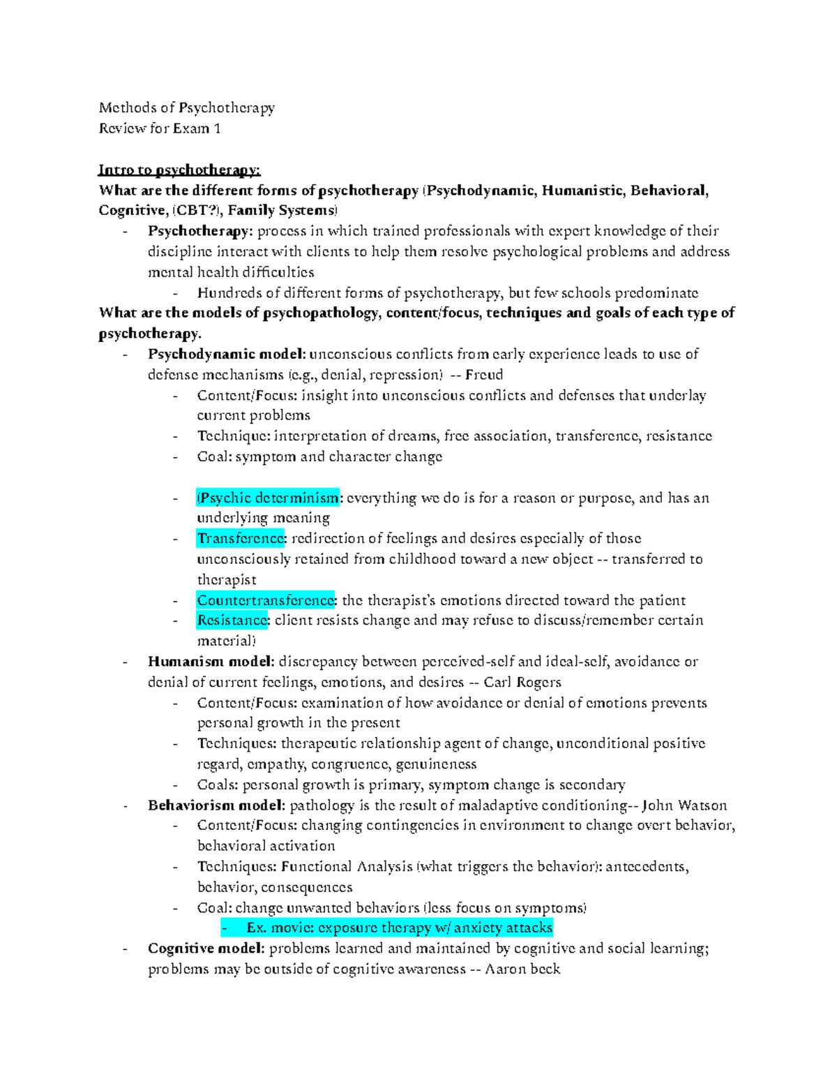 PSY 210 Part 1 Lecture Notes: Methods of Psychotherapy Overview - Studocu