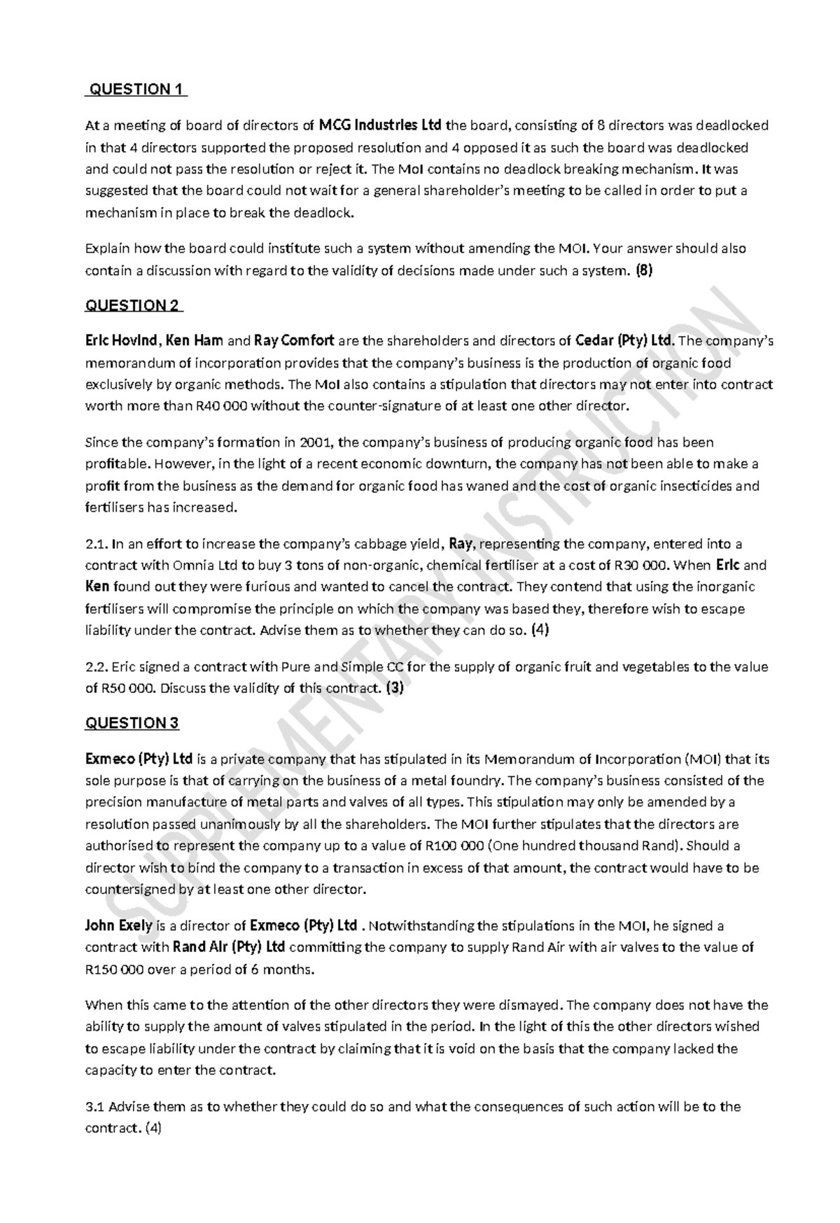 Sample Questions 1 - QUESTION 1 At a meeting of board of directors of ...