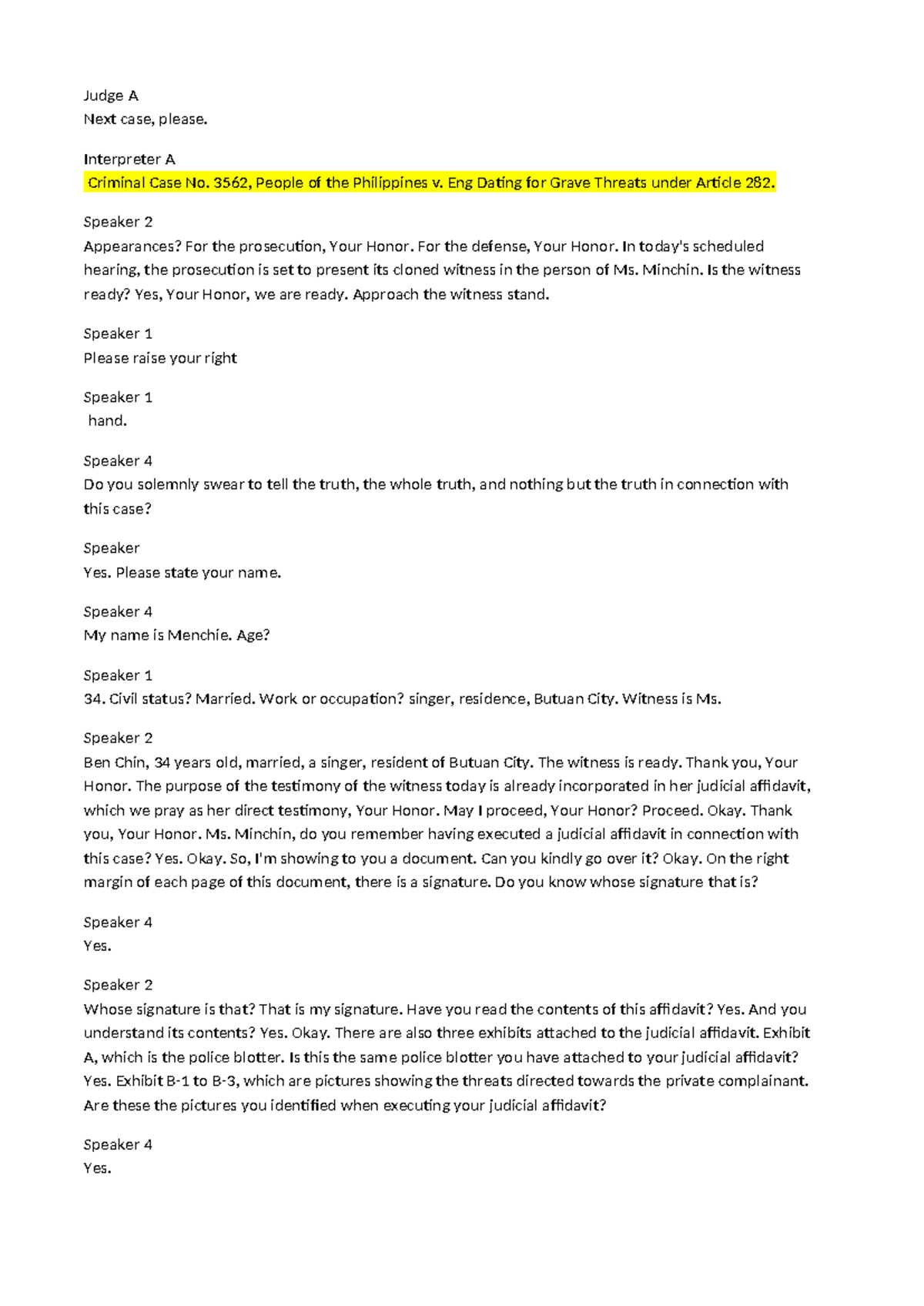 Criminal Case No. 3562: Testimony of Ms. Minchin on Grave Threats - Studocu