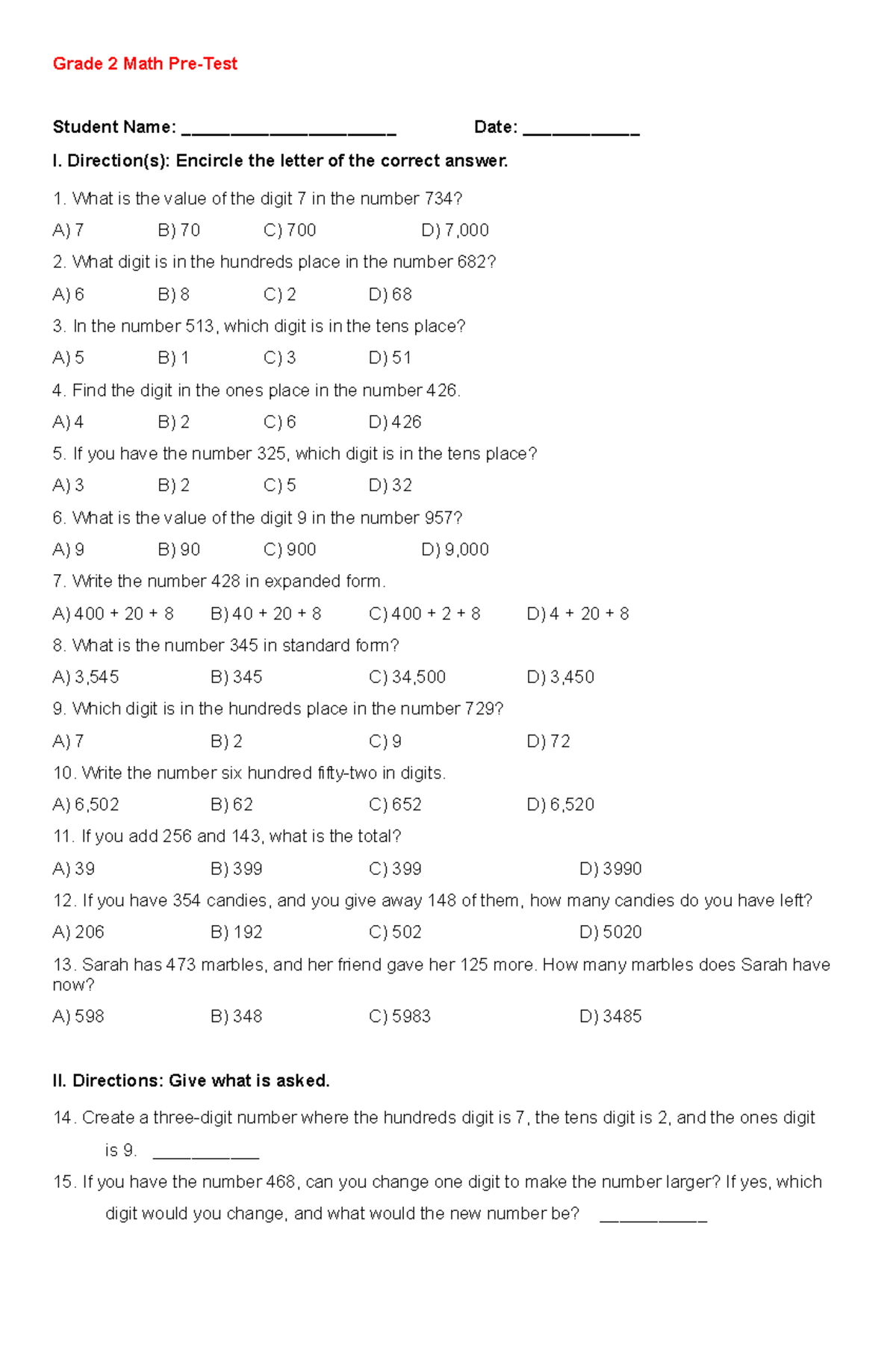 Grade 2 Math Pre-Test & Post-Test Review - Studocu
