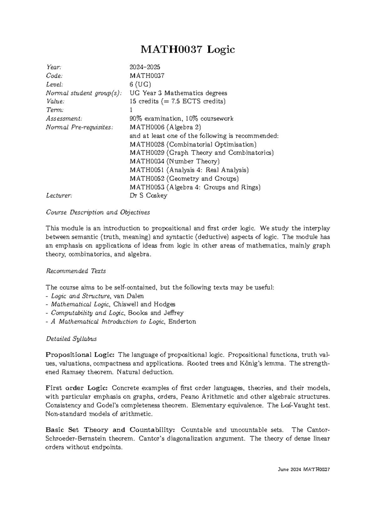 MATH0037 Logic Course Summary and Syllabus Overview for 2024 - Studocu
