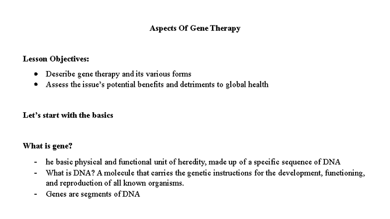 Gene Therapy Overview: Concepts, Benefits, and Risks (BIO 101) - Studocu