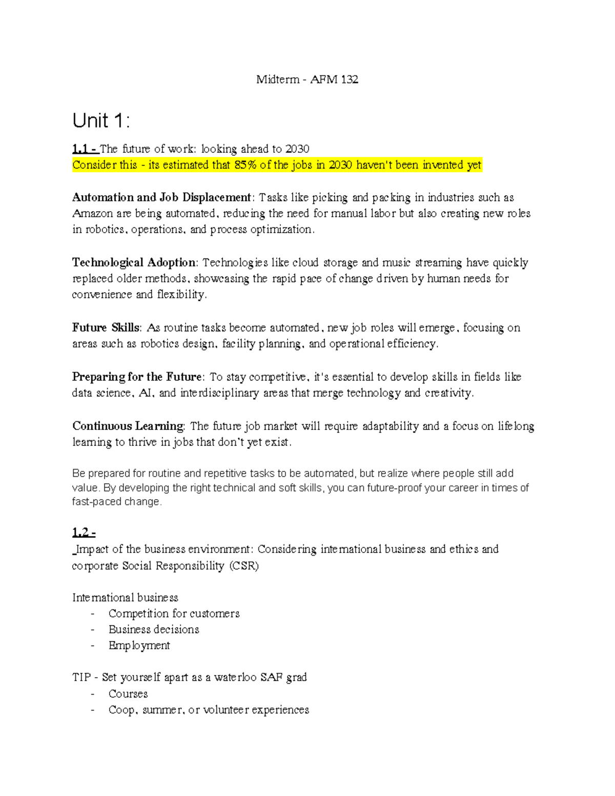 Final Review - AFM 132 - Midterm - AFM 132 Unit 1: 1 - The future of ...