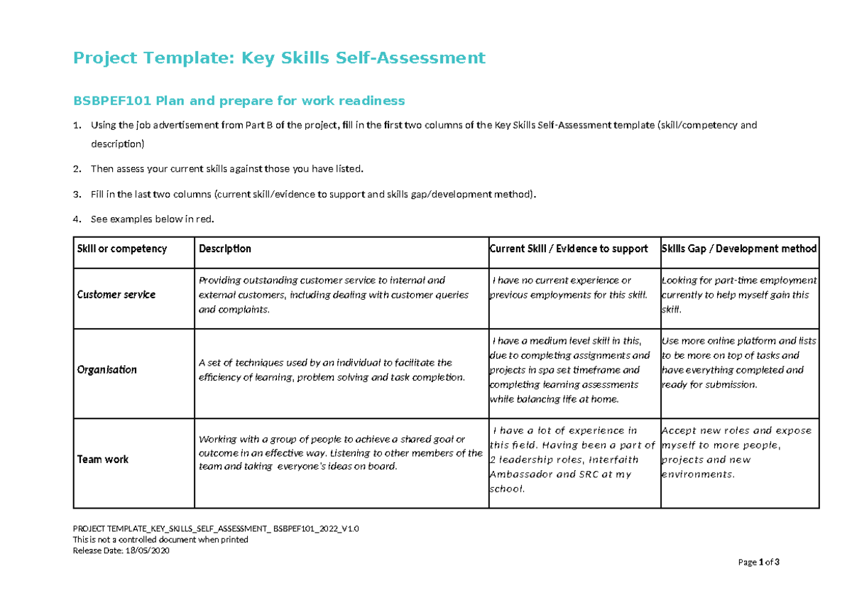 BSBPEF101 A2 Project Template: Key Skills Self-Assessment Guide - Studocu