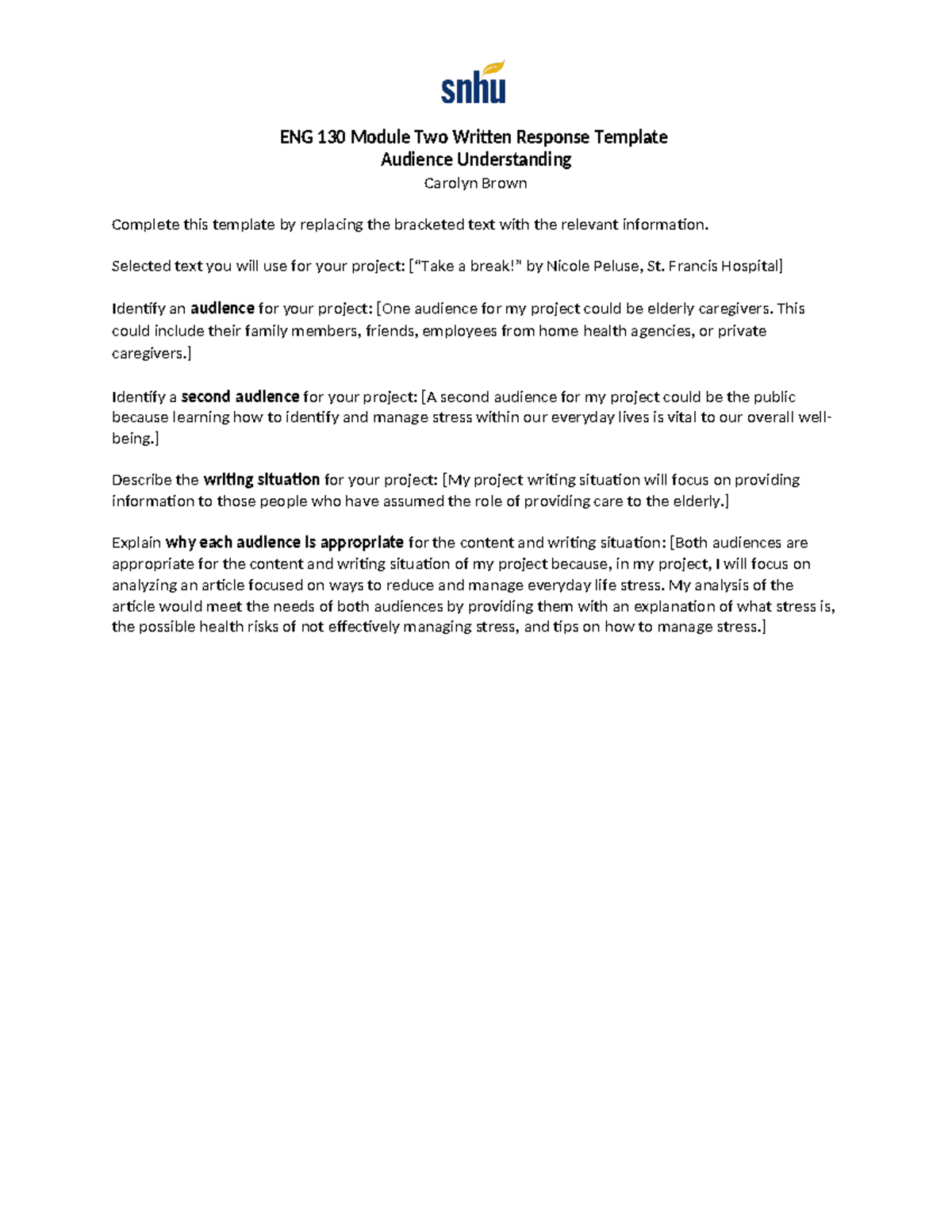 ENG 130 Module Two Written Response: Audience Analysis Template - Studocu