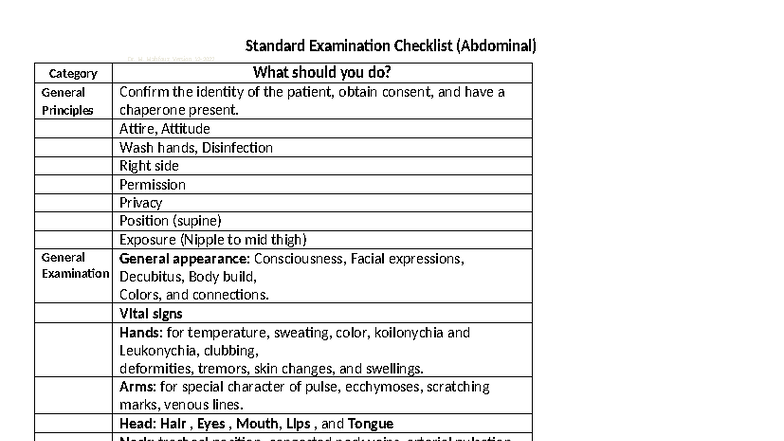 Standard Examination Checklist (Abdominal) V12-2022 - Studocu