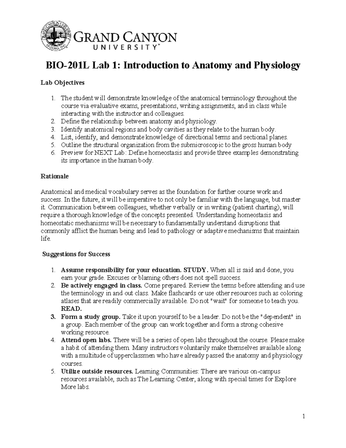 BIO-201L: Lab 1 - Intro to Anatomy & Physiology Objectives - Studocu