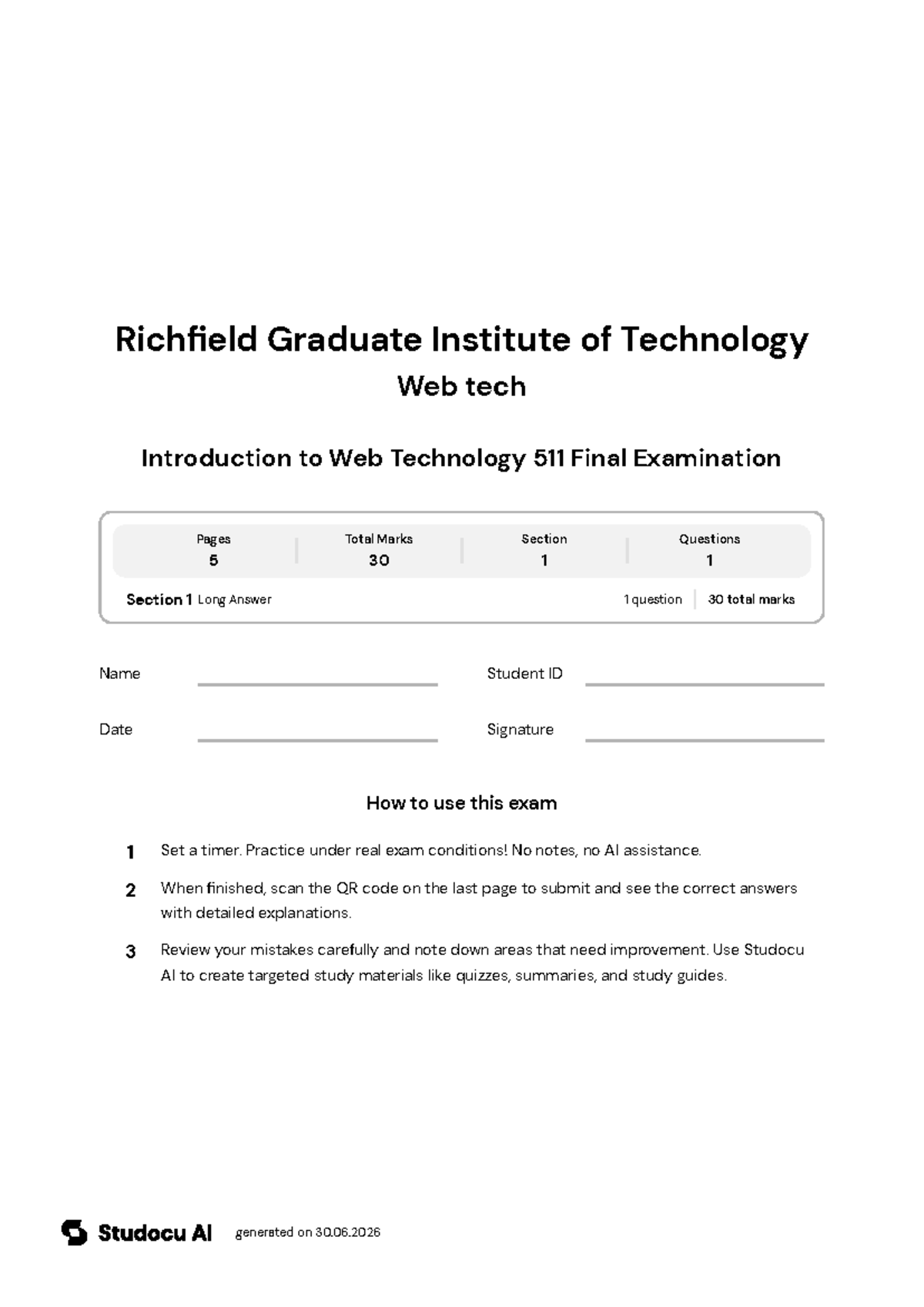 Introduction to Web Technology 511 Final Exam - Studocu