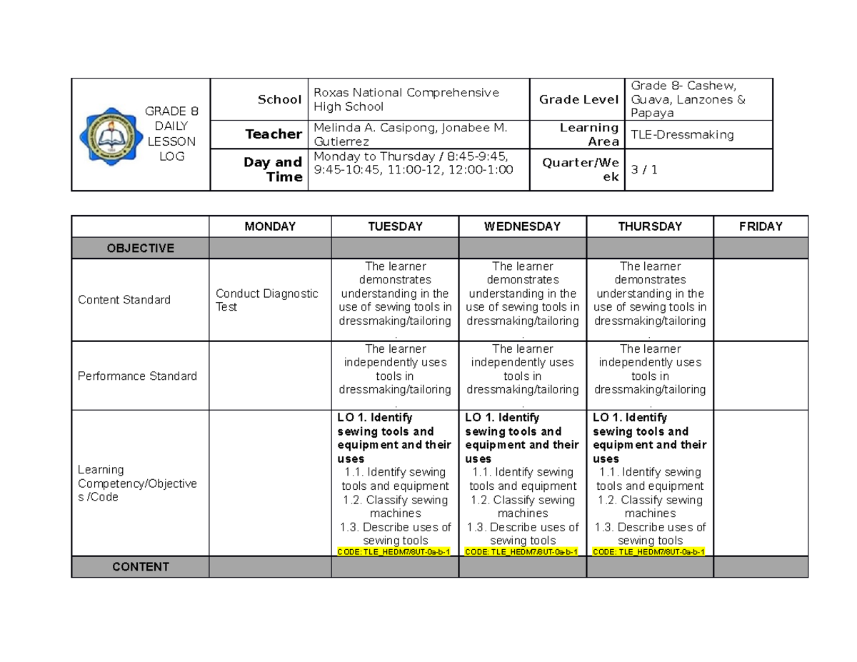 TLE-Dressmaking Grade 8 Daily Lesson Log (Week 1) - Teacher's Notes ...