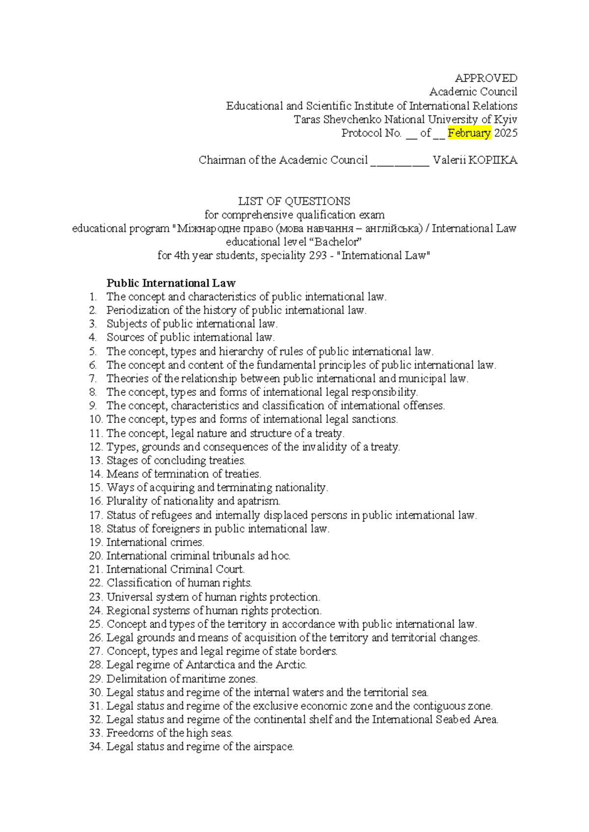 Comprehensive Qualification Exam in International Law (Bachelor Level ...