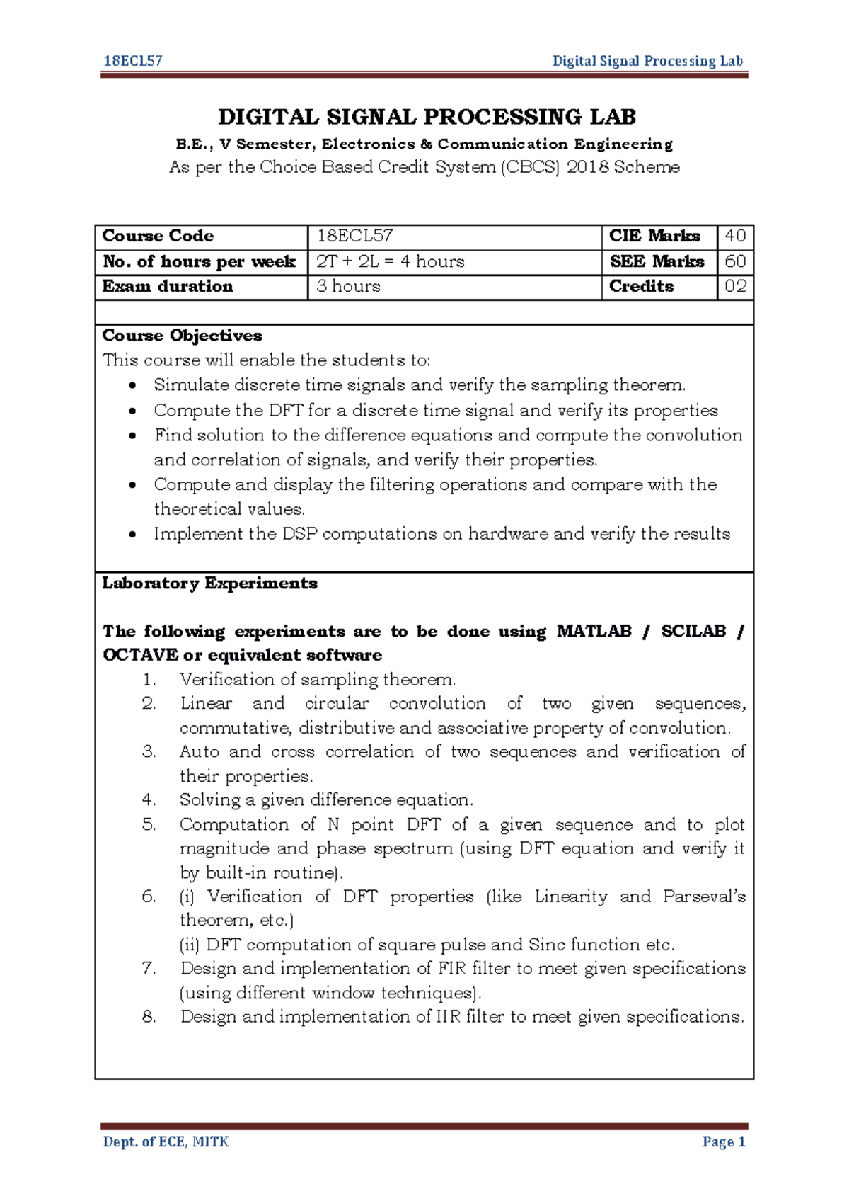 DSP Lab Manual 2020-21 - DIGITAL SIGNAL PROCESSING LAB B., V Semester, Electronics & - Studocu