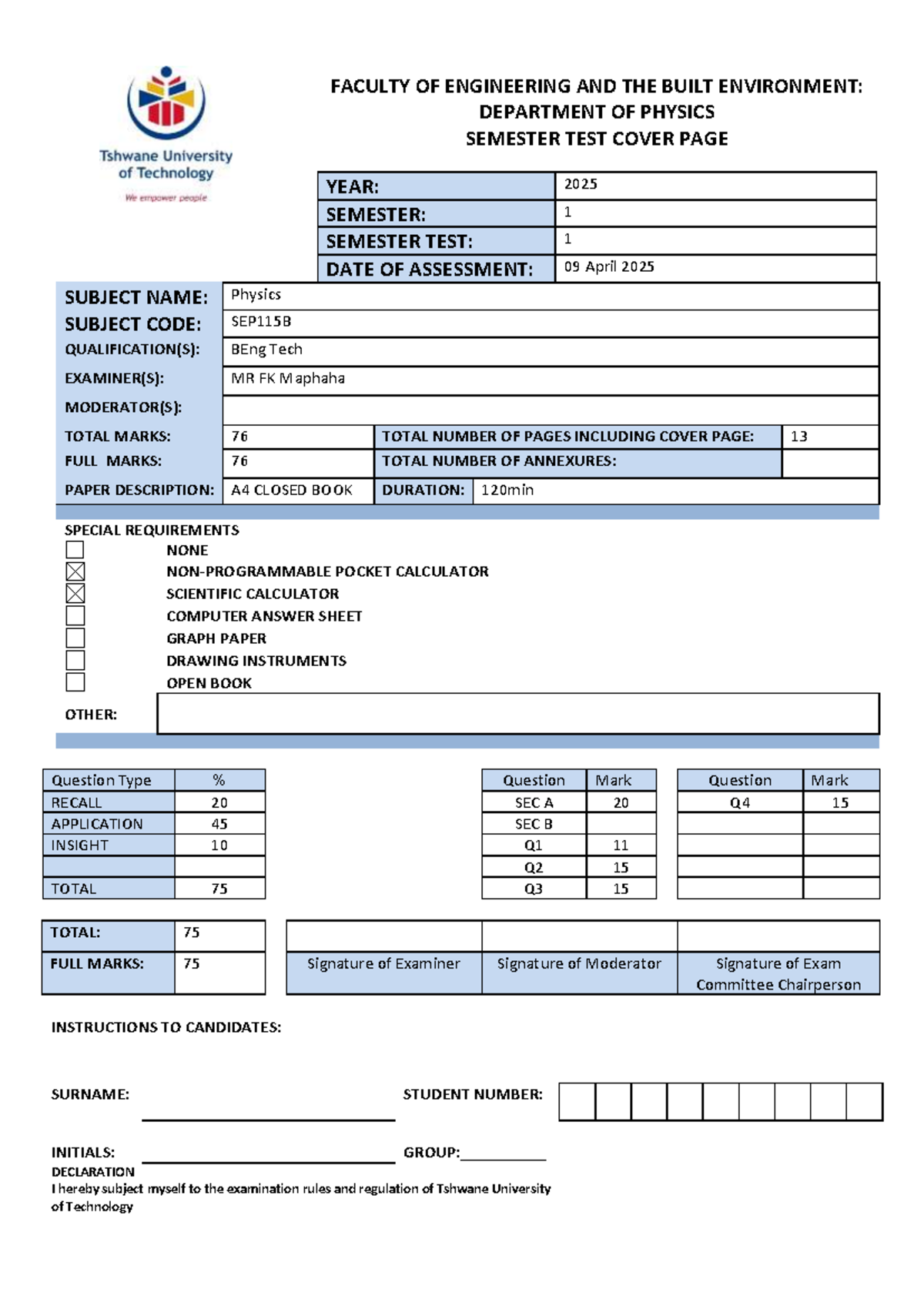 SEP115B Physics Semester Test 1 Cover Page - 2025 - Studocu