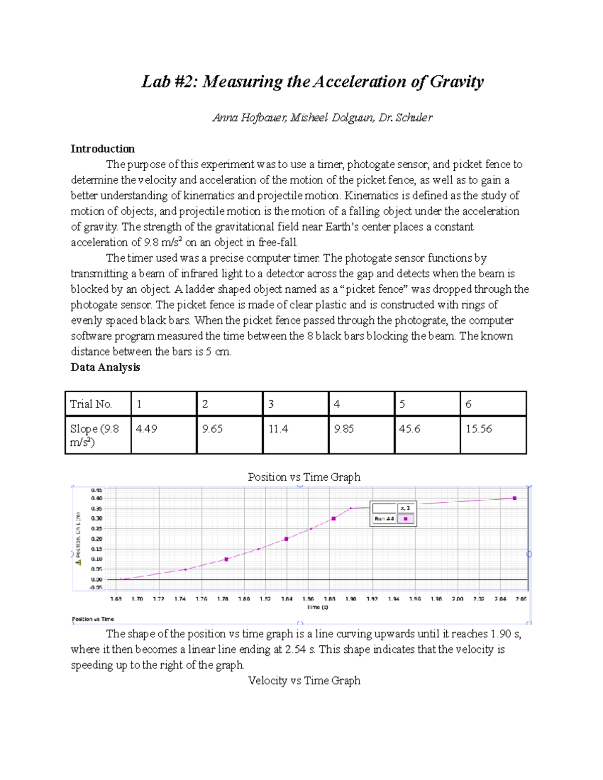 Physics lab report 2 - measuring the acceleration of gravity - Lab #2 ...