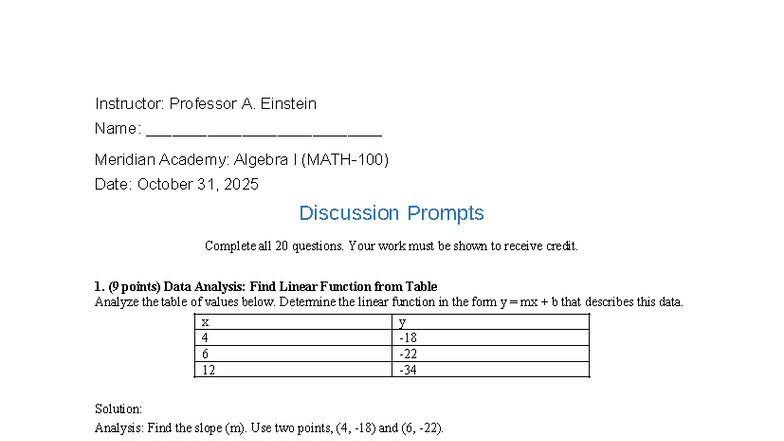 Comprehensive Review Discussion Prompts for Algebra I (5815) - Studocu