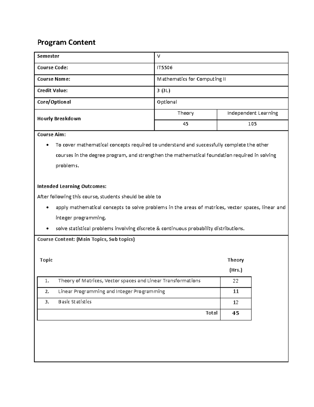 IT5506 - Mathematics for Computing II: Course Content & ILOs - Studocu