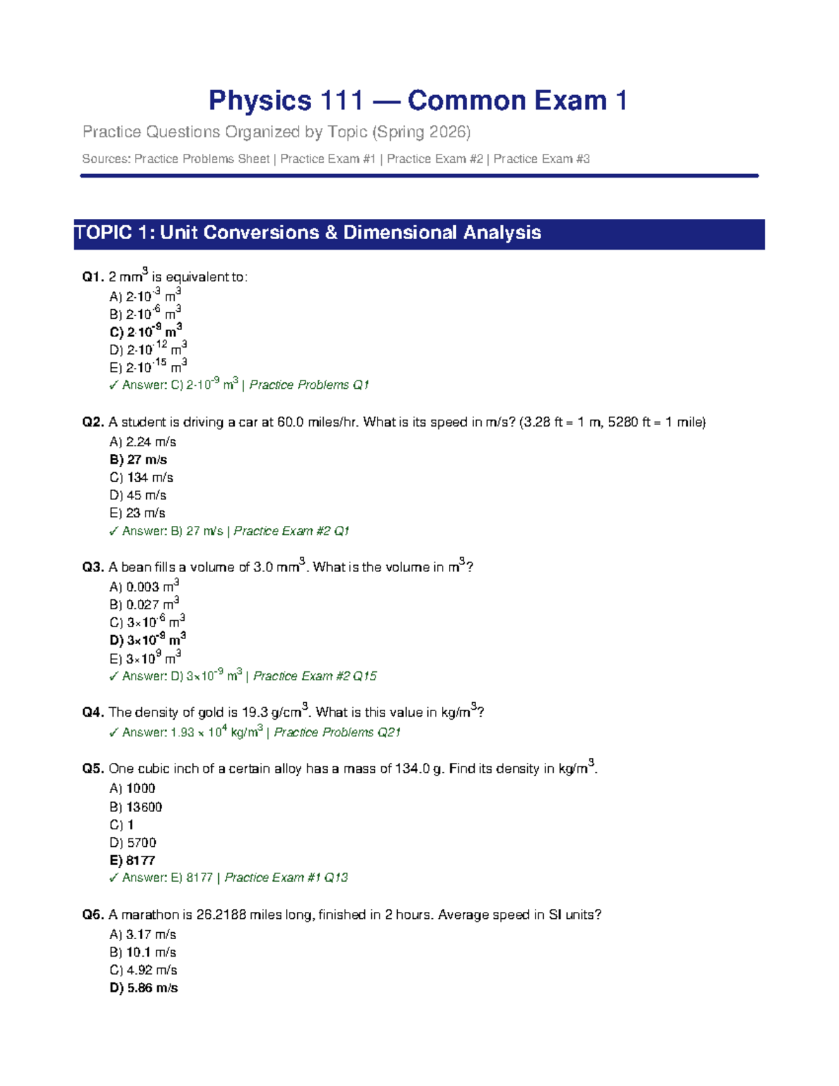 Physics 111 Common Exam 1 Practice Questions (Spring 2026) - Studocu