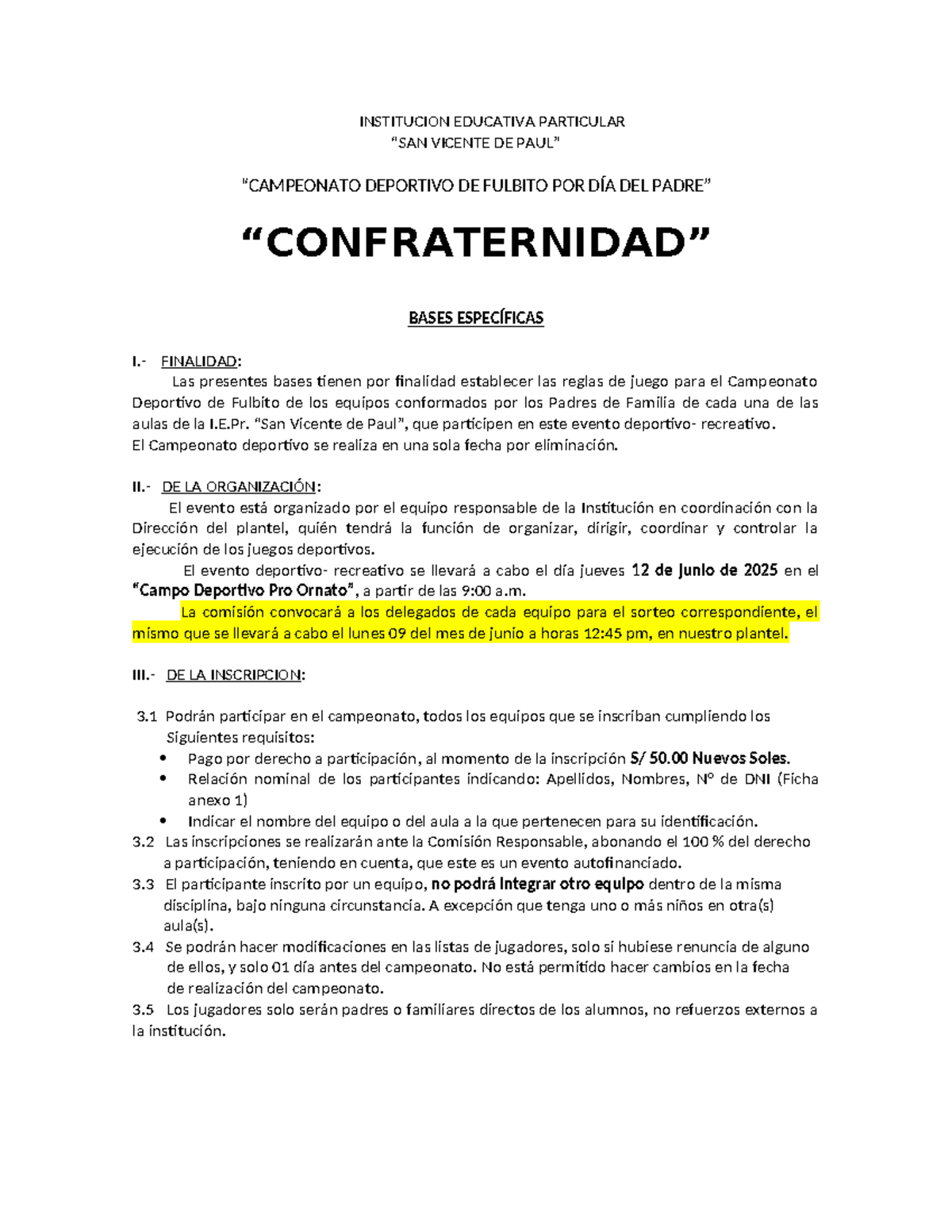 Bases del Campeonato Deportivo de Fulbito - I.E. Pr. Vicente 2025 - Studocu
