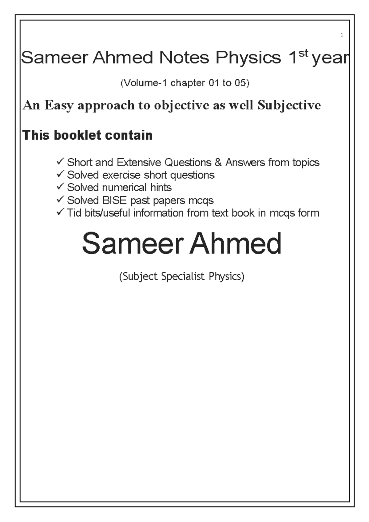 1st year physics all in one notes - 1 Sameer Ahmed Notes Physics 1 st ...