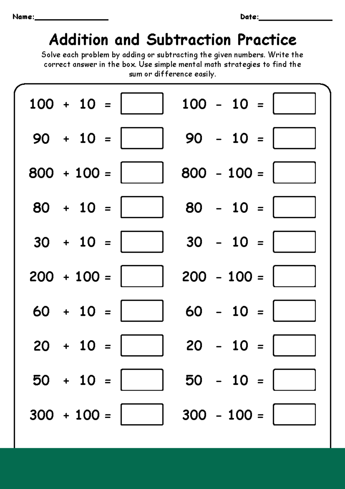 Addition and Subtraction Practice with 10 and 100 - 2nd Grade Worksheet ...